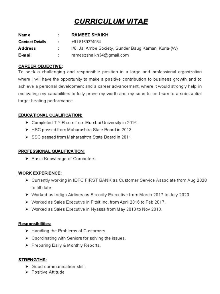 Curriculum Vitae: Name: Rameez Shaikh Contact Details: Address: E-Mail: Career Objective | PDF