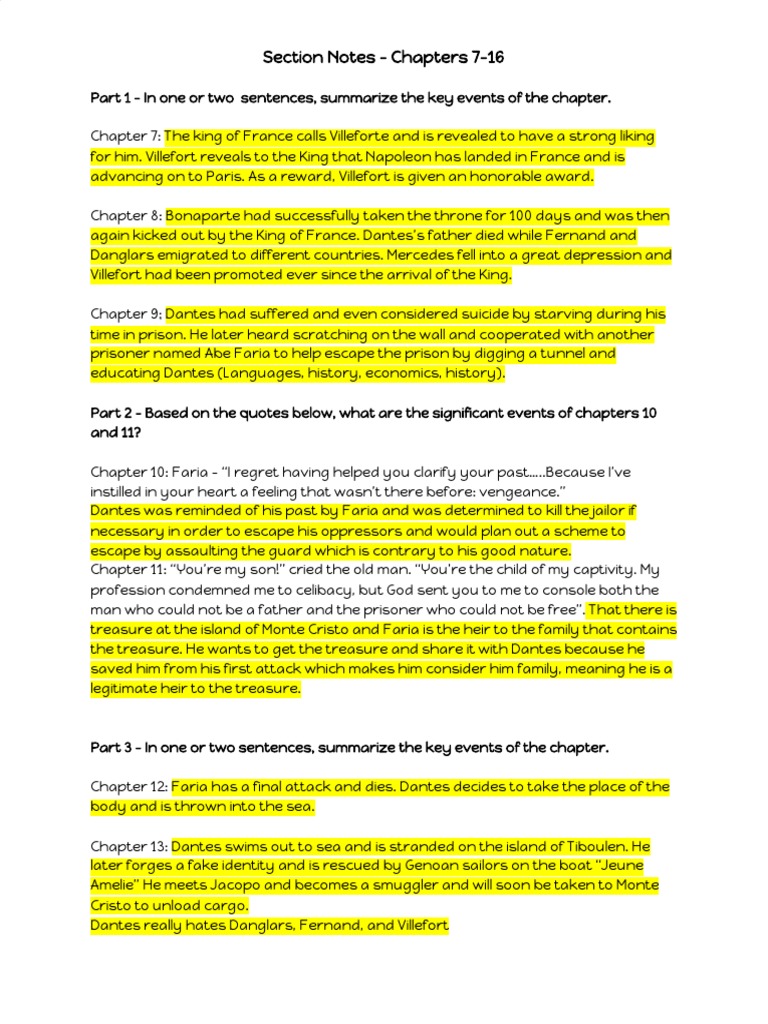 Section Notes - Chapters 7-16 | PDF | The Count Of Monte Cristo | Prison