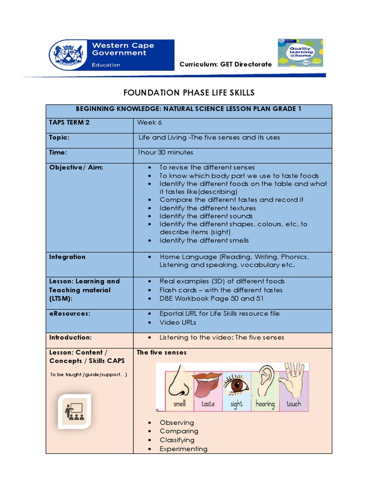 FP Grade 1 English Life Skills LP Term 2 Week 6 | PDF | Senses | Poetry