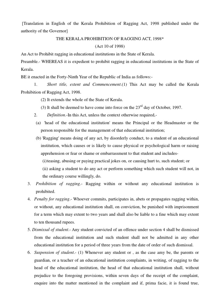 Kerala Ragging Prohibition Act 1998 | PDF | Repeal | Criminal Justice