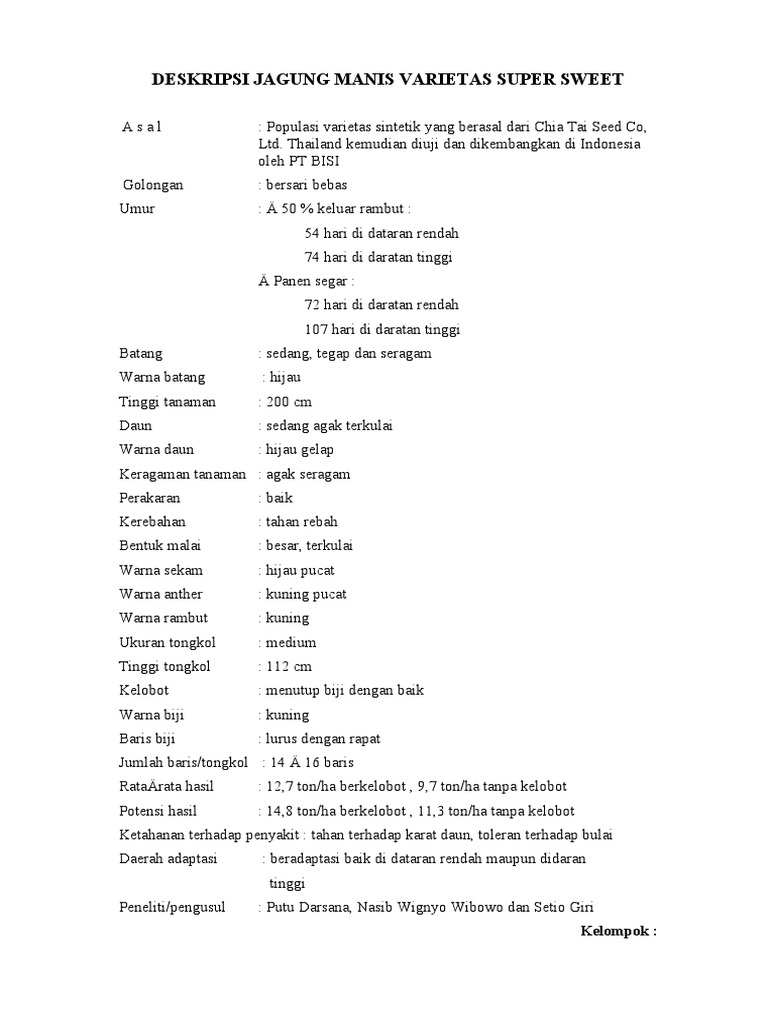 Deskripsi Jagung Manis Varietas Super Sweet | PDF