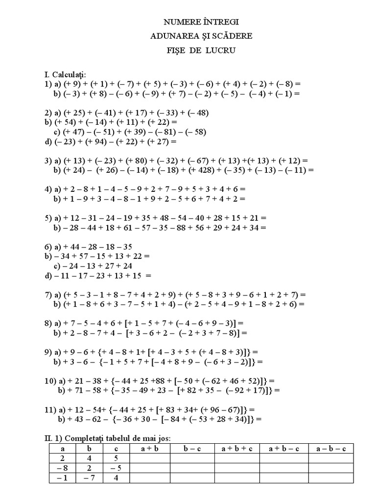 Numere Intregi - Fisa de Lucru | PDF