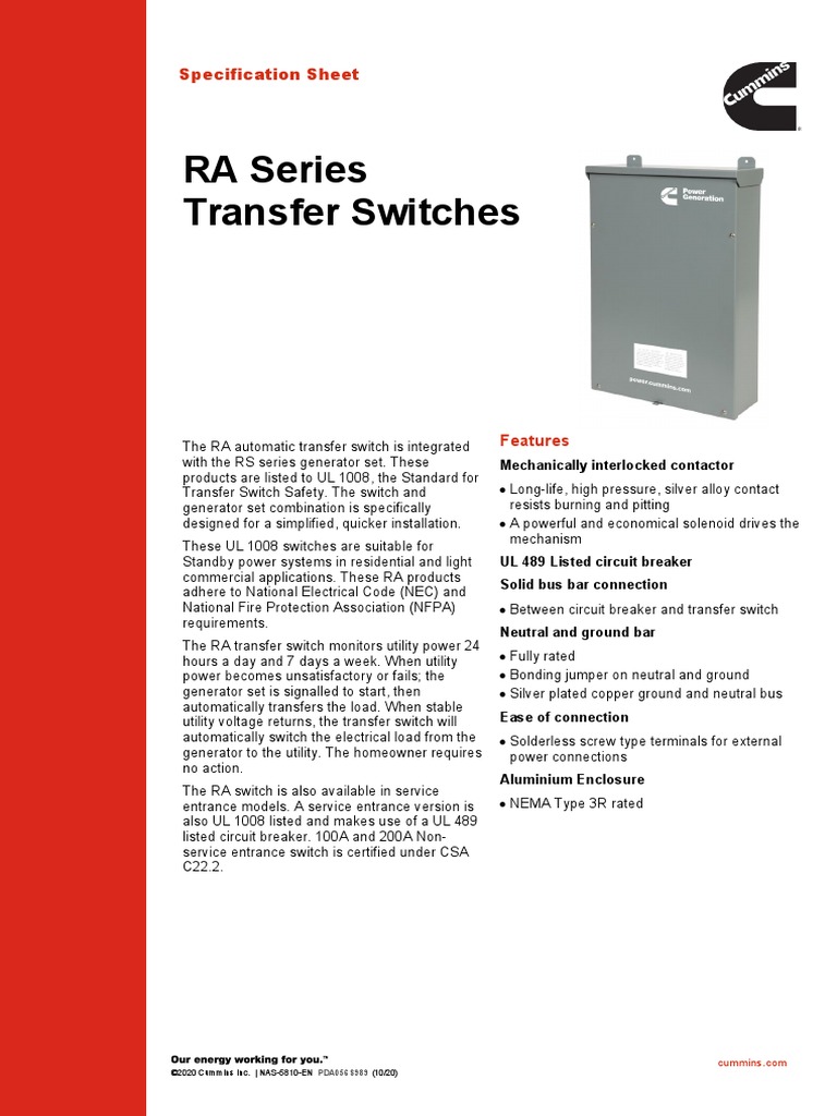 RA Series Transfer Switches: Specification Sheet | PDF