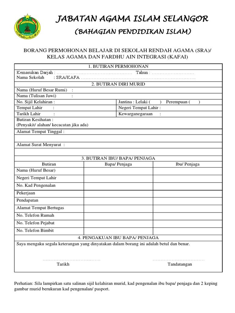 Borang Pendaftaran Murid | PDF