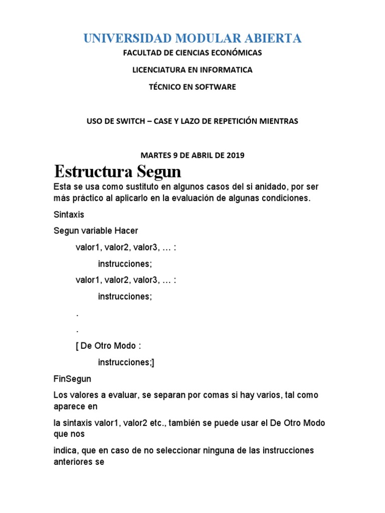 Uso de Switch-Case y Ciclos en PSeInt | PDF | Lenguaje de programación ...