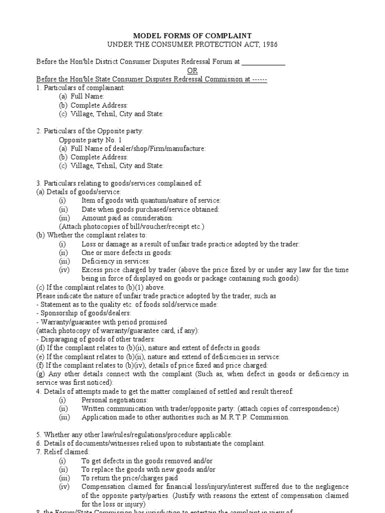 Model Forms of Complaint | Download Free PDF | Consumer Protection ...