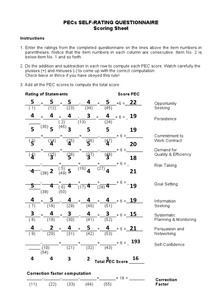 PECs Self Rating Questionnaire Scoring Sheet 1 | PDF | Business ...