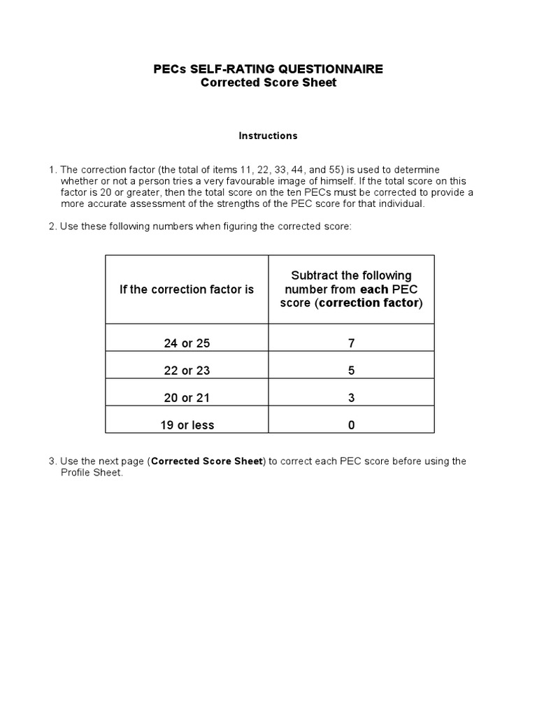 PECs Self Rating Questionnaire Corrected Factor Sheet 1 | PDF ...