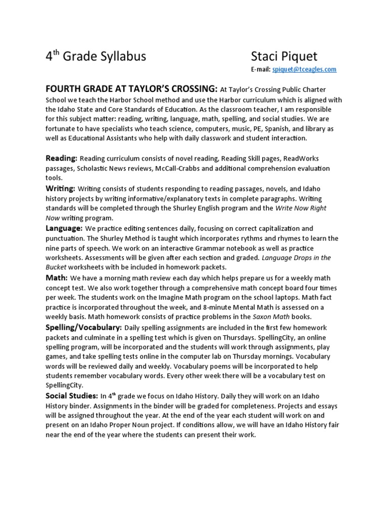 4 Grade Syllabus Staci Piquet: Fourth Grade at Taylor'S Crossing | PDF ...