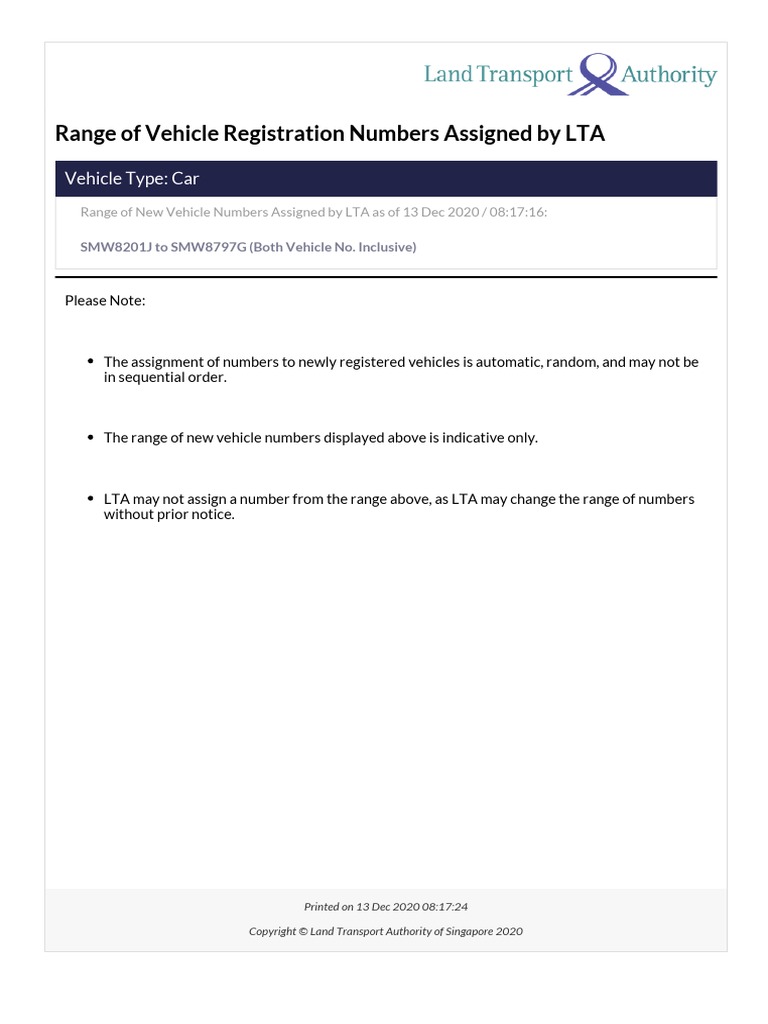 Range of Vehicle Registration Numbers Assigned by LTA | PDF | Business ...