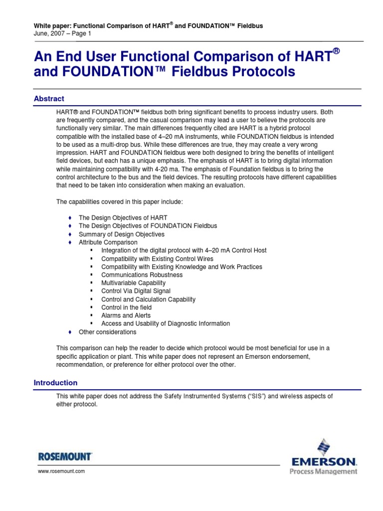 An End User Functional Comparison of HART and Foundation ™ Fieldbus ...