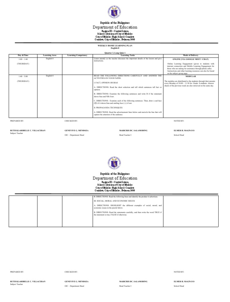 WHLP - English 8 Lq1 | PDF | Learning | Behavior Modification