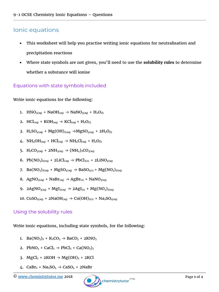 GCSE Ionic Equations Practice Worksheet | PDF | Teaching Methods & Materials | Technology ...