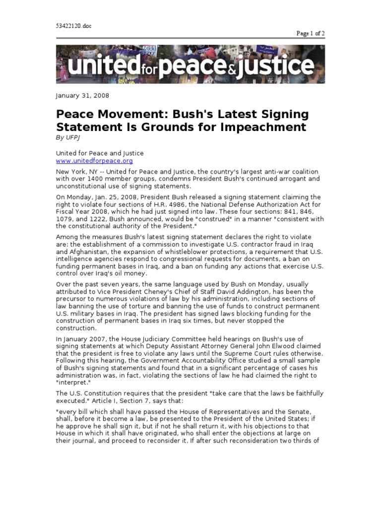 01-31-08 UFPJ-Peace Movement - Bush's Latest Signing Statement | PDF ...