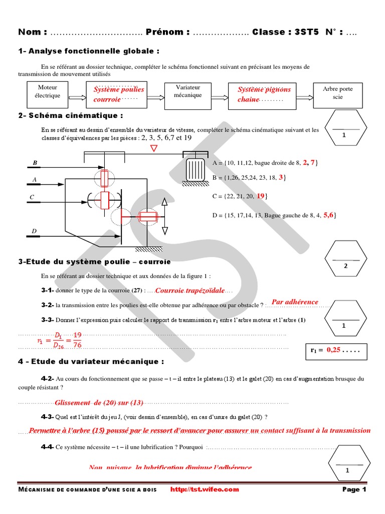 Mecanisme de Commande D Une Sice A Bois Corrige | PDF | Courroie | Mécanique