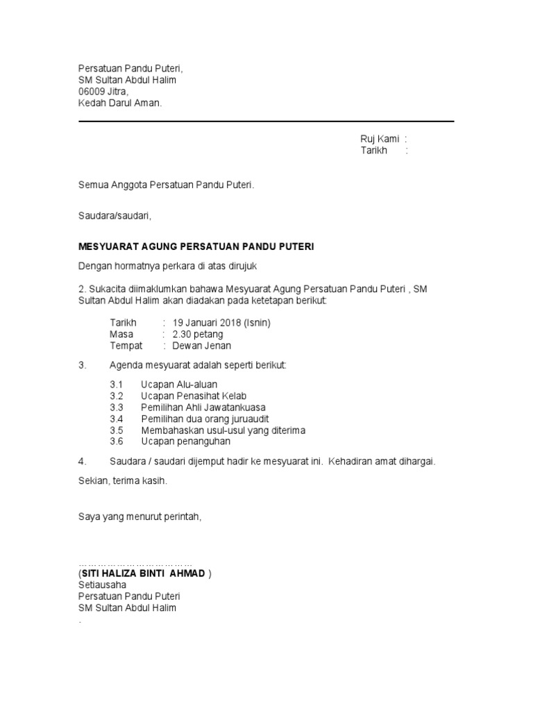 Contoh Surat Notis Mesyuarat Agung | PDF
