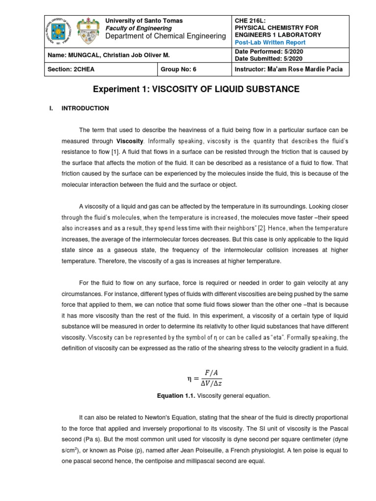 Experiment 1: Viscosity of Liquid Substance: Department of Chemical ...