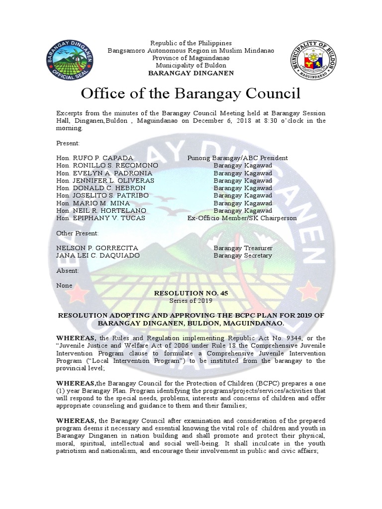 Approval of the 2019 Barangay Council for the Protection of Children ...