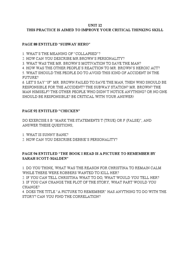 Critical Thinking Practice on Short Stories | PDF