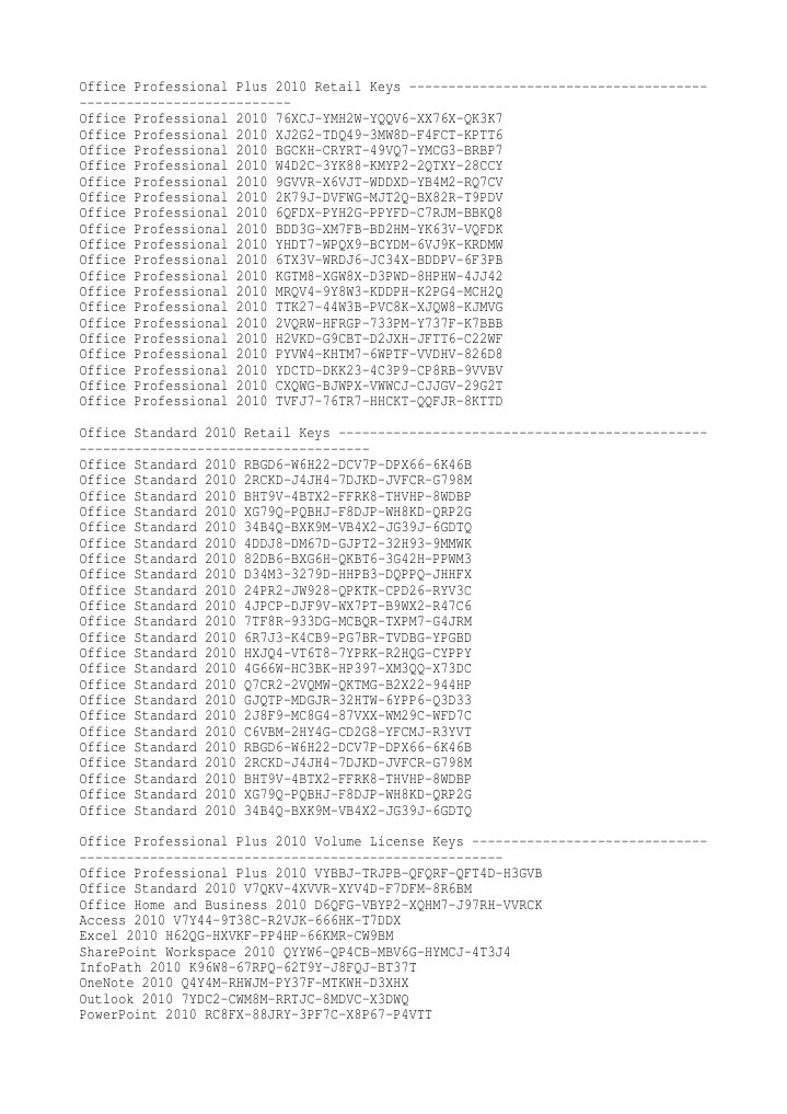Office 2010 Serial Keys List | PDF | Microsoft Office 2010 | Operating ...