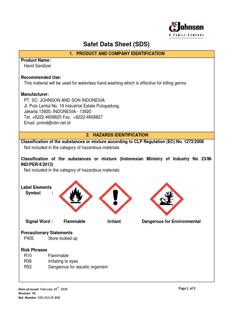 SDS Hand Sanitizer JOHNSON | PDF | Dangerous Goods | Personal ...