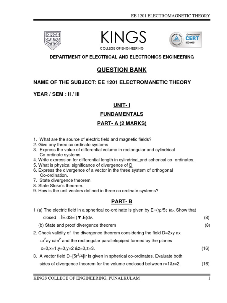 Ee 1201 Electromagnetic Theory | PDF | Magnetic Field | Waves