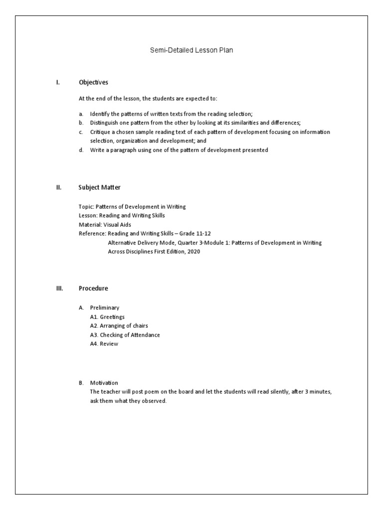 Semi-Detailed Lesson Plan | PDF | Lesson Plan | Narration