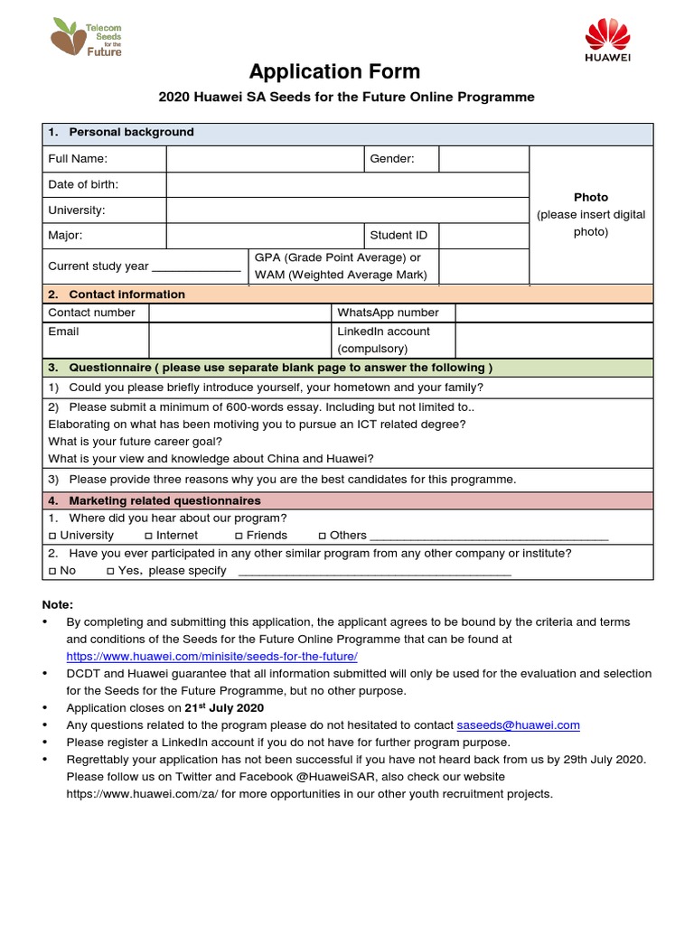 Application Form: 2020 Huawei SA Seeds For The Future Online Programme ...