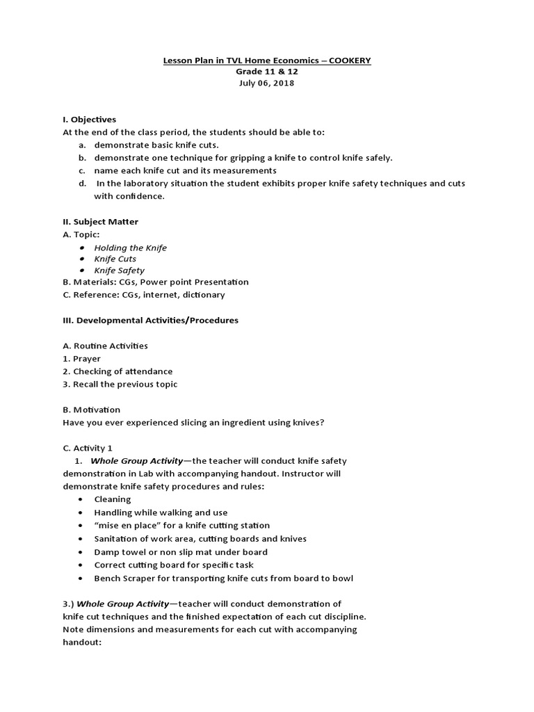 Lesson Plan in TVL Home Economics - COOKERY Grade 11 & 12 | PDF | Knife ...