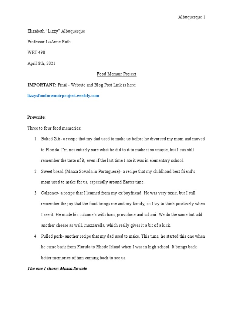 WRT 490 Food Memoir Project | PDF | Western Cuisine | Regional & Ethnic ...