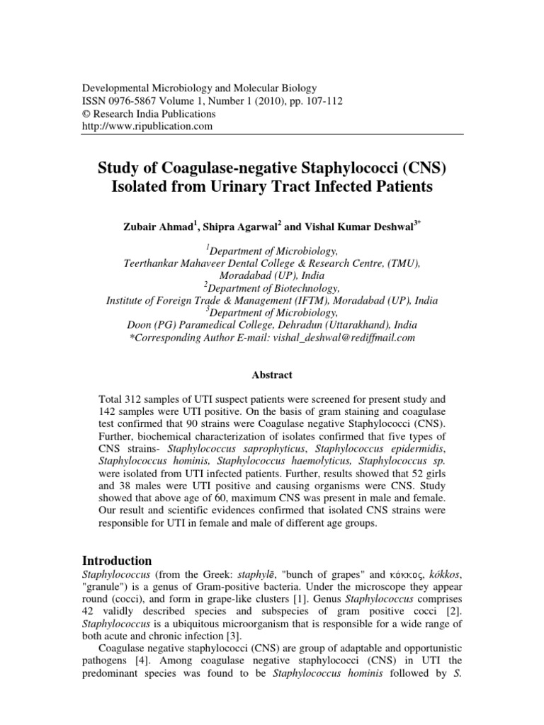 Coagulase-negative Staphylococci | Staphylococcus | Urinary Tract Infection