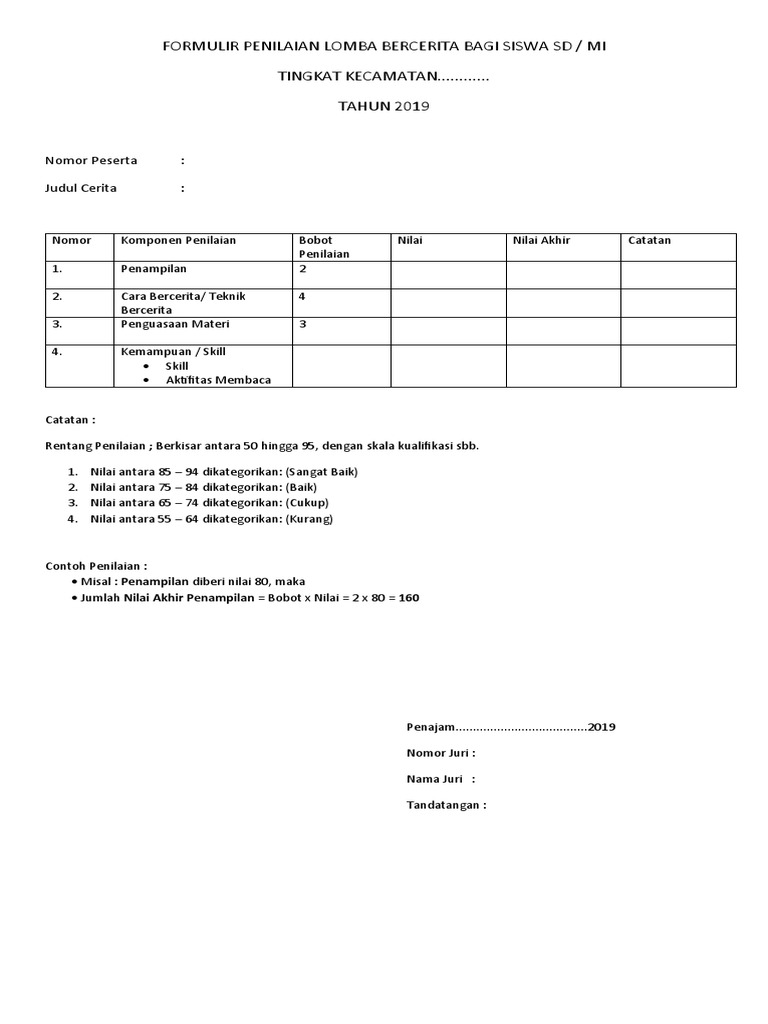 FORM PENILAIAN CERITA BERCERITA SD/MI | PDF