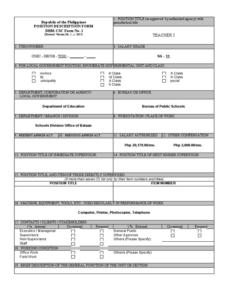Republic of The Philippines Position Description Form DBM-CSC Form No ...