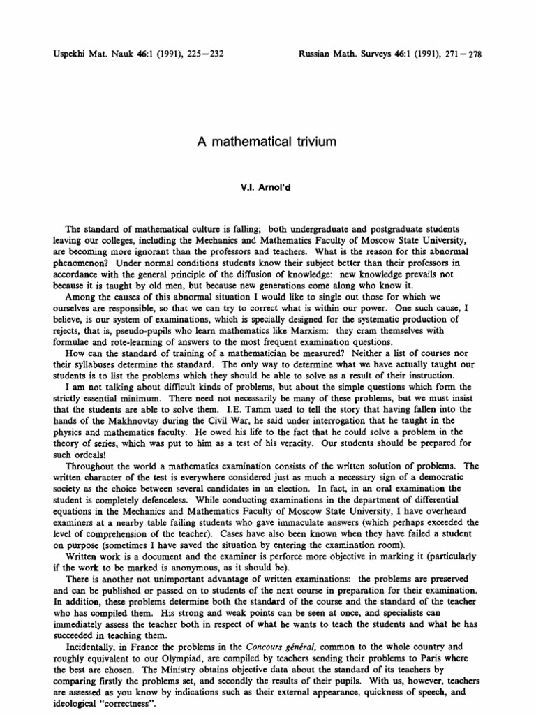 V I Arnold - A Mathematical Trivium | PDF | Group (Mathematics) | Test ...