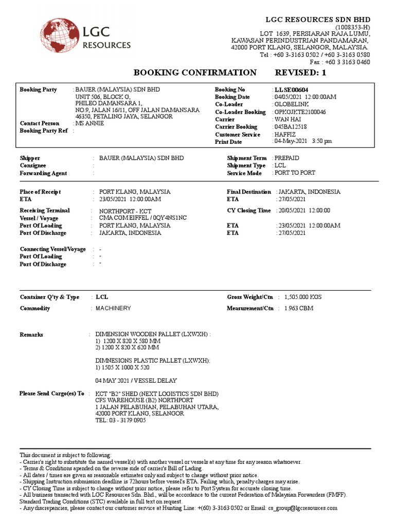 Booking Confirmation Revised: 1: LGC Resources SDN BHD | PDF | Freight ...