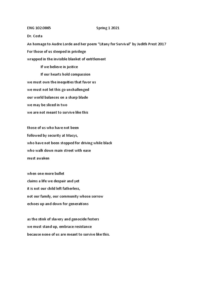 ENG 102poem in Homage To Audre Lordesp2021 | PDF