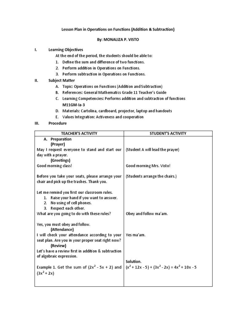 Lesson Plan in Operations On Functions | PDF | Function (Mathematics ...