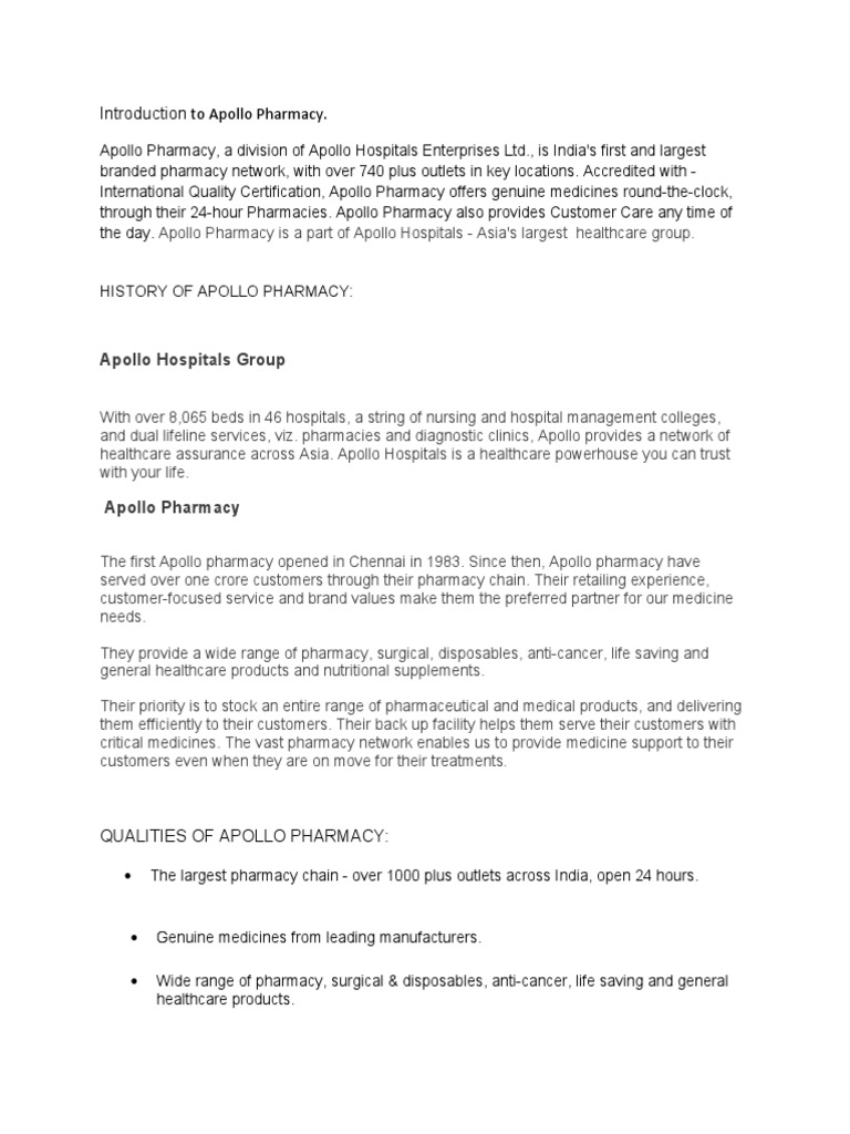 Introduction To Apollo Pharmacy | PDF | Pharmacy | Health Care