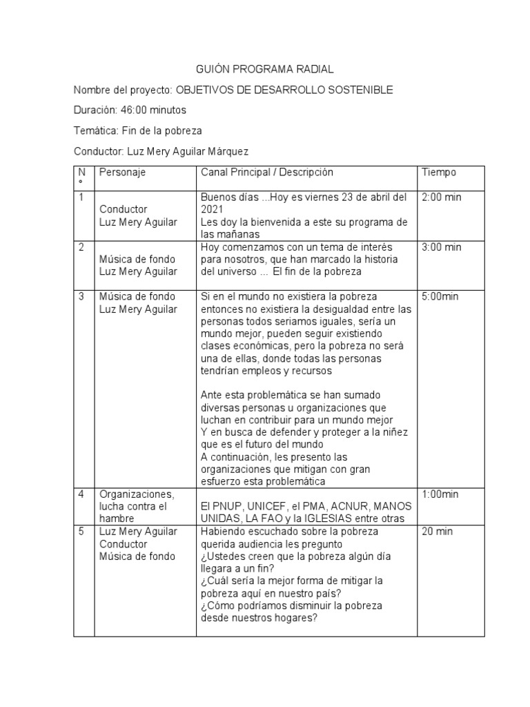 Guión Programa Radial | PDF | Hambre | Pobreza