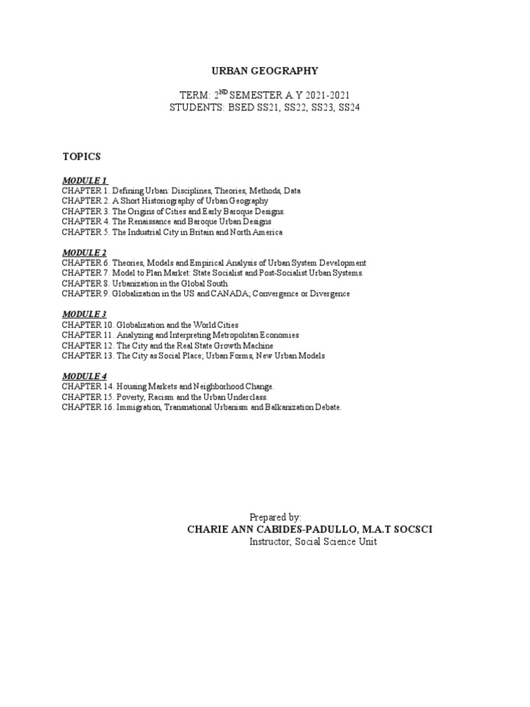 Urban Geography: Term: 2 SEMESTER A.Y 2021-2021 Students: Bsed Ss21 ...