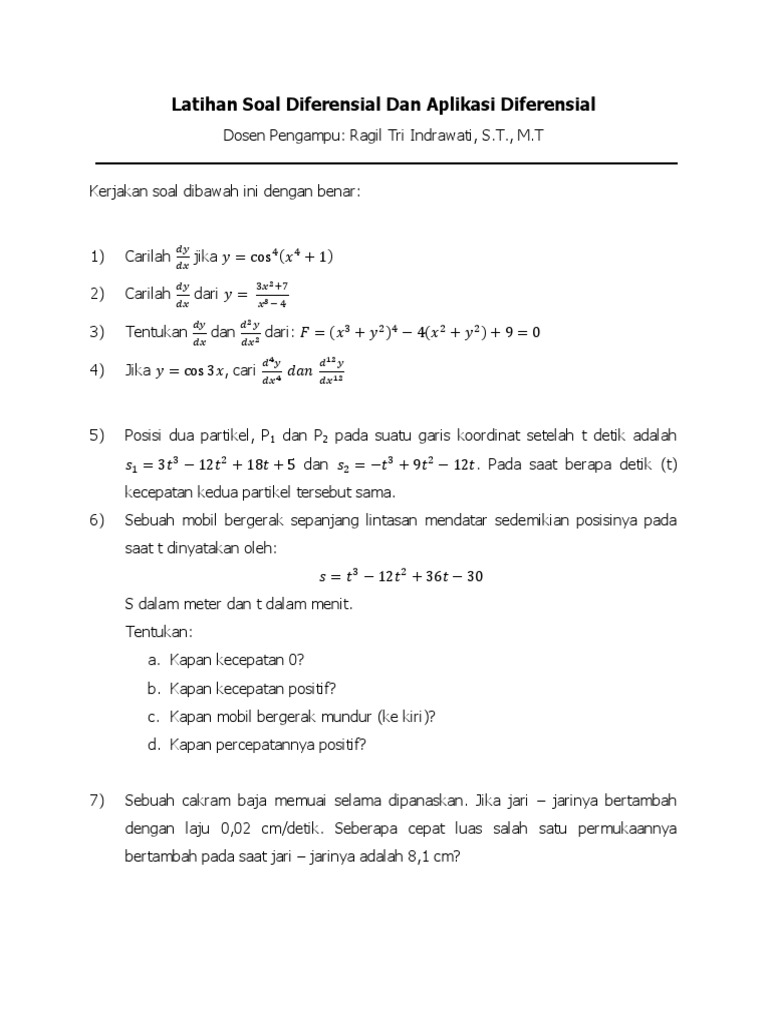Latihan Soal Diferensial Dan Aplikasi Diferensial | PDF | Metode & Bahan Ajar