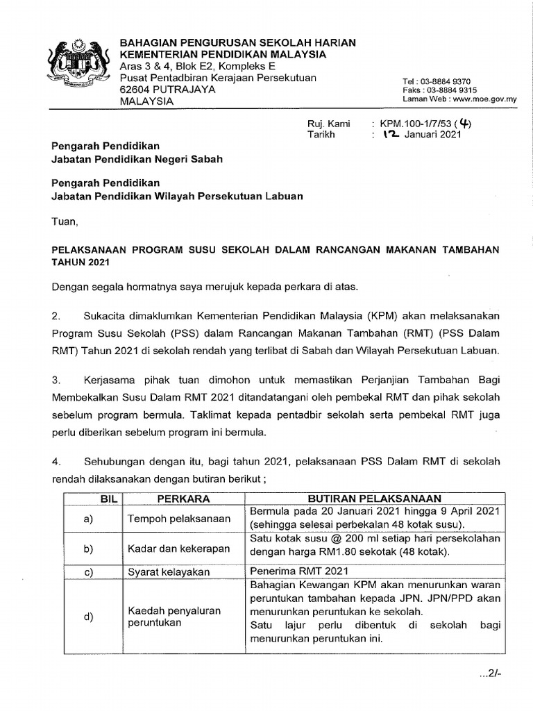 Surat Pekeliling Perlaksanaan PSS Dalam RMT 2021 | PDF