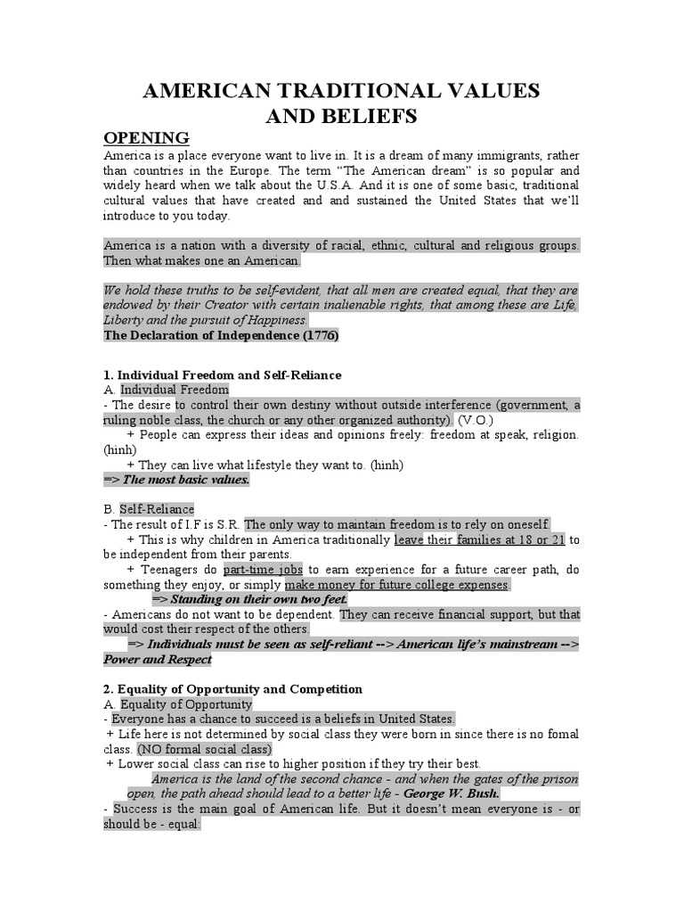 American Traditional Values Explained | PDF | American Dream ...