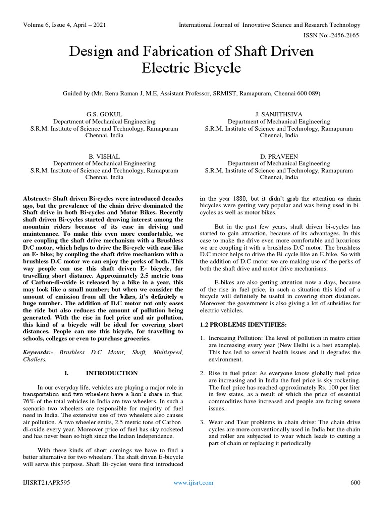 Design and Fabrication of Shaft Driven Electric Bicycle | PDF ...