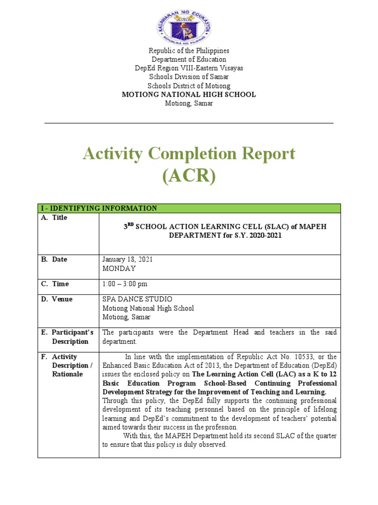 SLAC Activity Report for MAPEH 2020-2021 | PDF | Pedagogy | Education ...