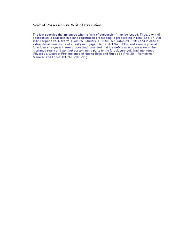 Writ of Possession Vs Writ of Execution | PDF