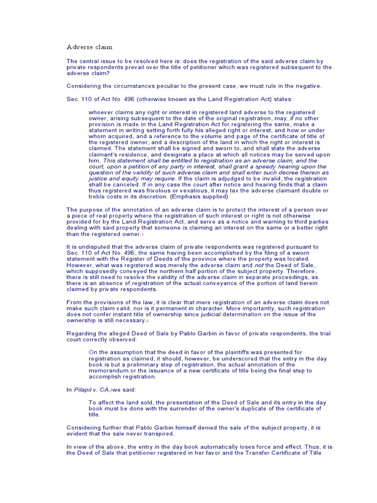 Adverse Claim | PDF | Deed | Title (Property)