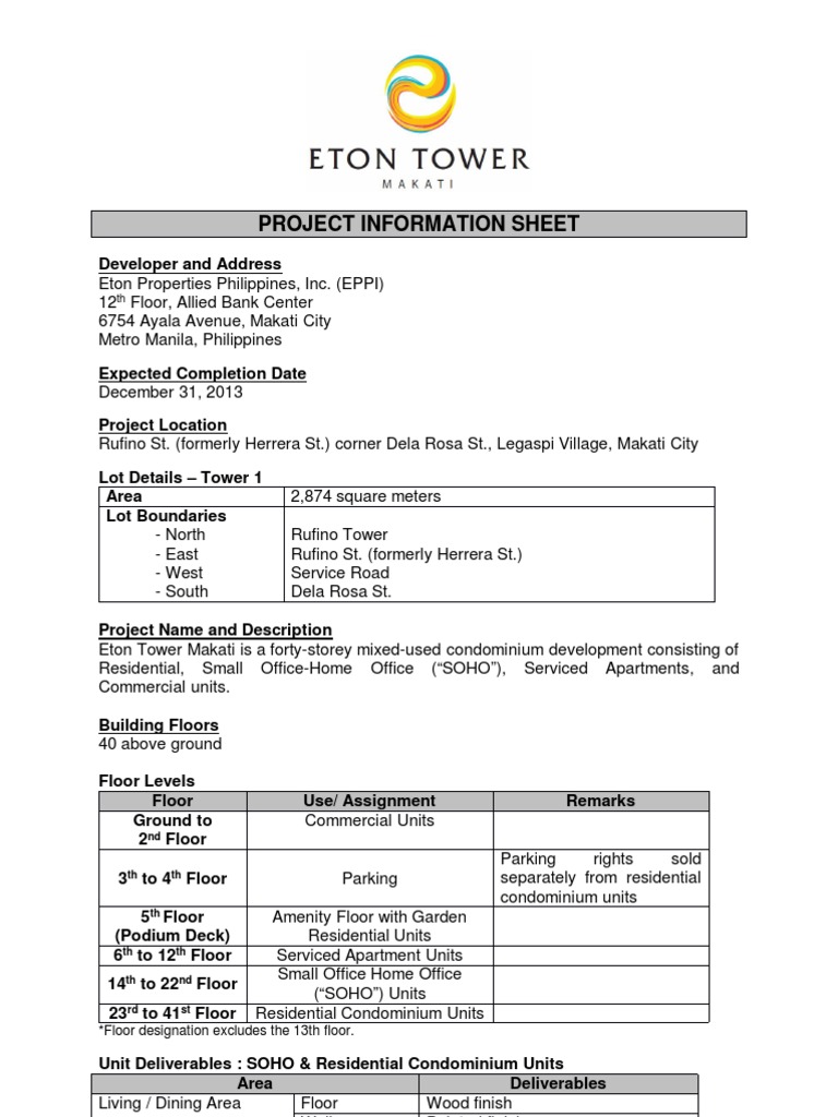Eton Tower Makati Project Overview | PDF