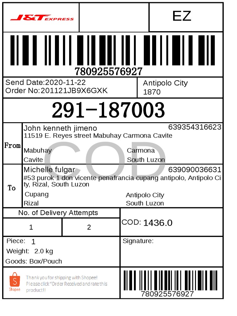 J&T Express Waybill Sample Document | PDF
