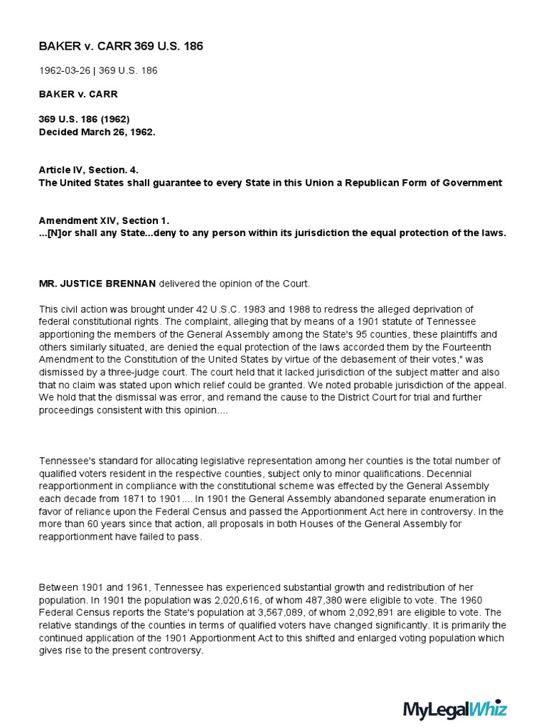 Baker V Carr 369 U S 186 | PDF | Baker V. Carr | Apportionment (Politics)